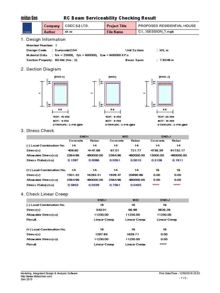 Midas Gen: RC Beam Serviceability Checking Result | PDF | Applied And ...