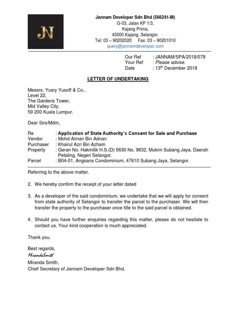 Letter of Undertaking From Developer To Apply State Authority Consent | PDF