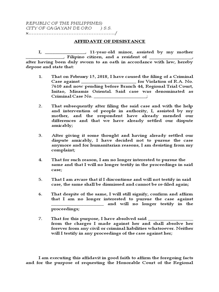 Affidavit of Desistance | Affidavit | Legal Procedure