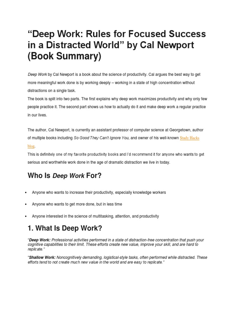 Deep Work Summary by Cal Newport | PDF | Attention | Self Control