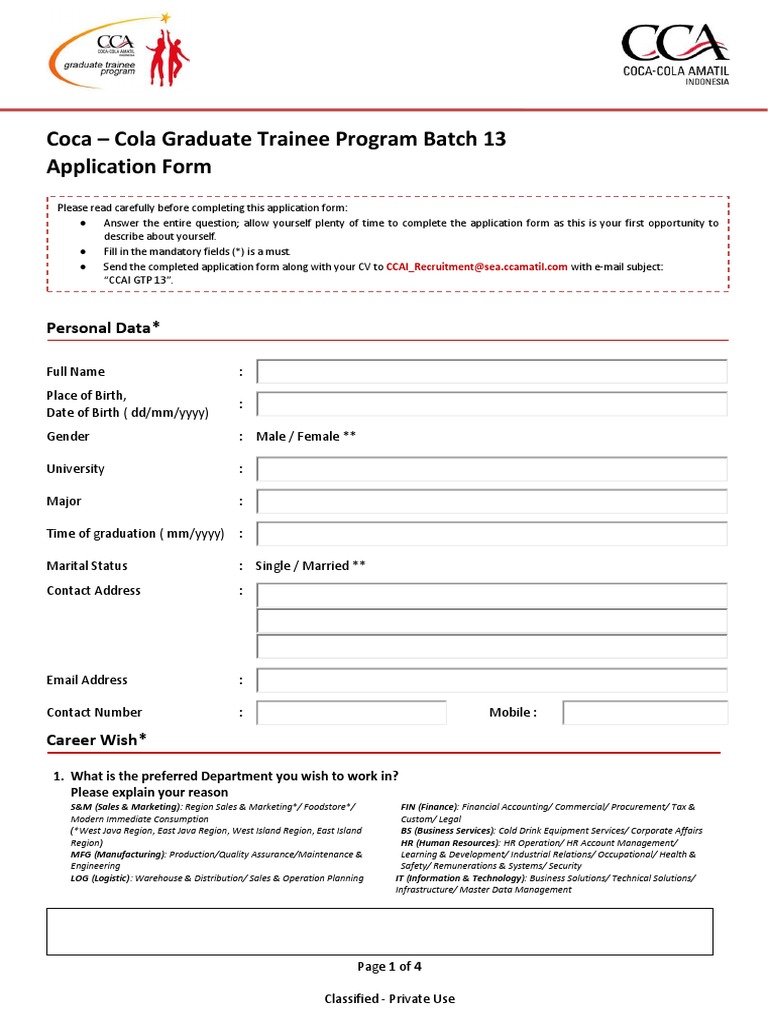 Coca-Cola Graduate Trainee Application Form | PDF | Human Resources | Sales