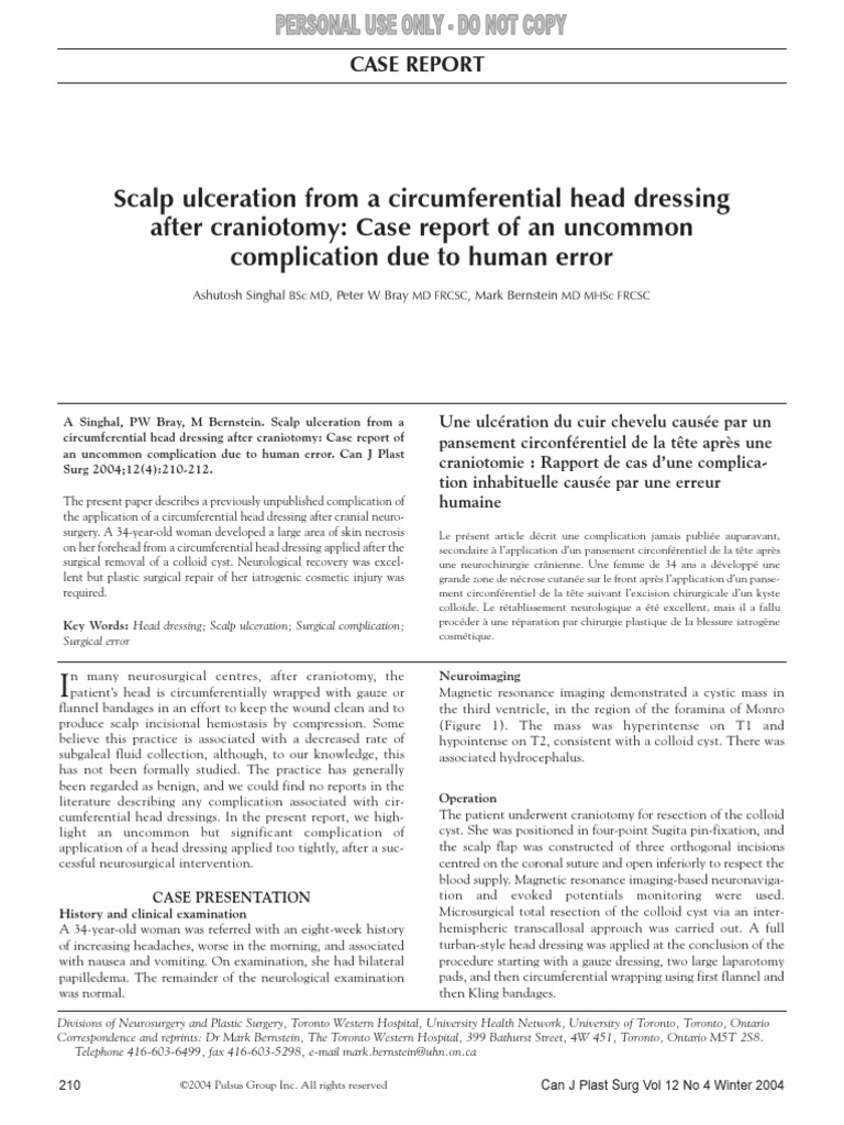 Scalp Ulceration From A Circumferential Head Dressing After Craniotomy ...