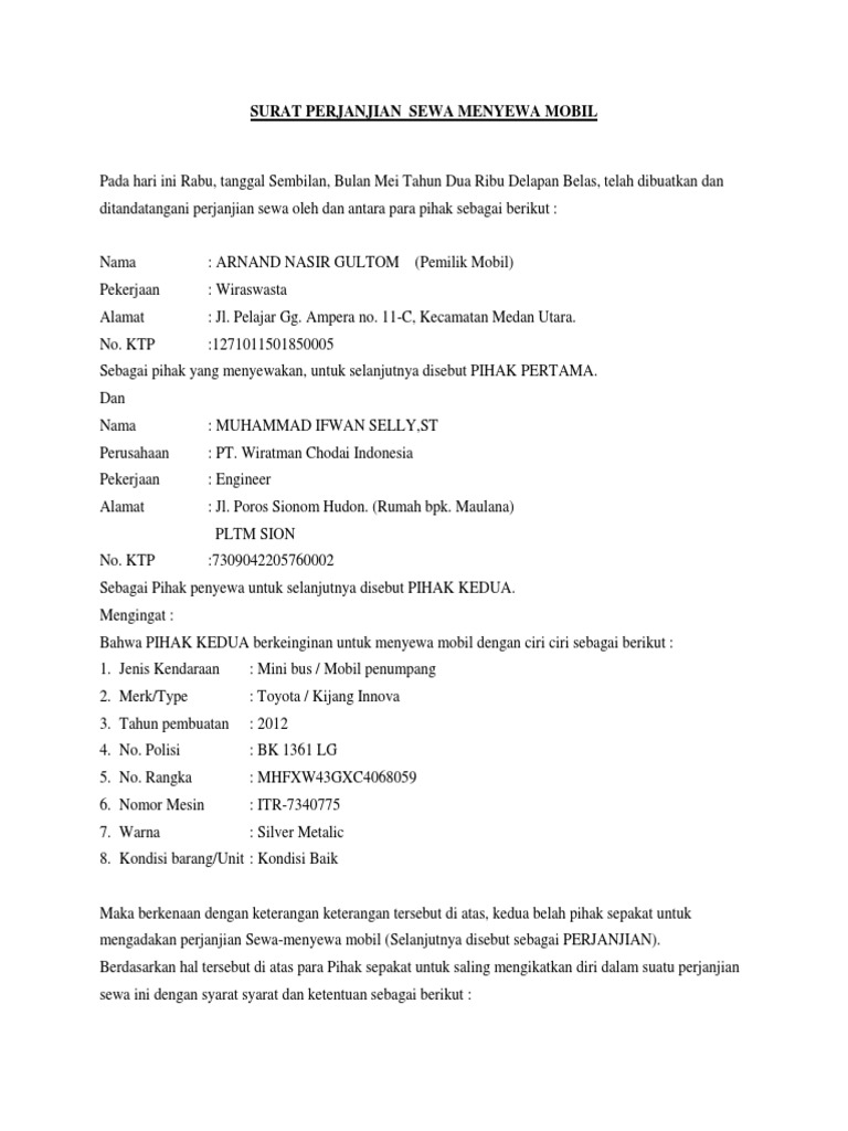 Surat Perjanjian Sewa Menyewa Mobil | PDF