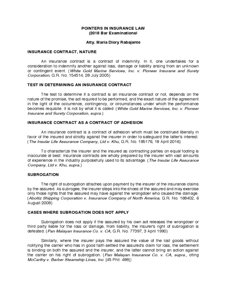 Pointers in Insurance Law PDF | PDF | Insurance | Subrogation