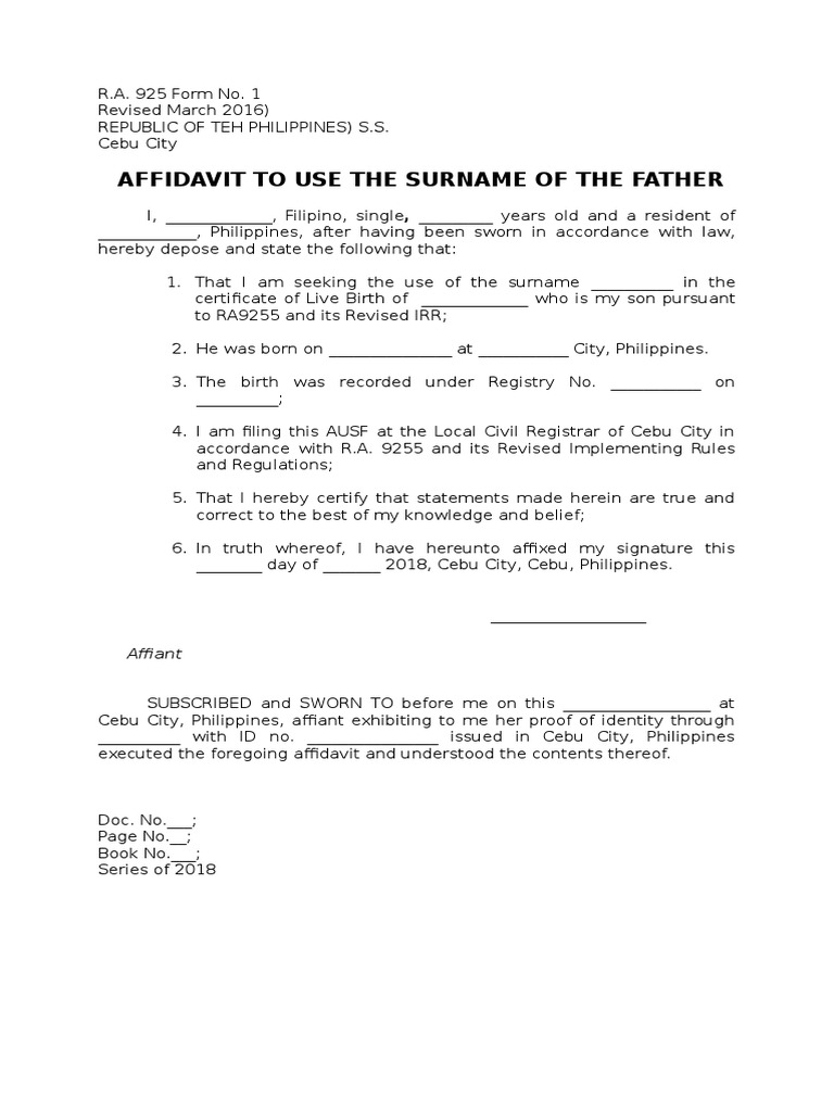 Affidavit to Use Surname of Father-Sample