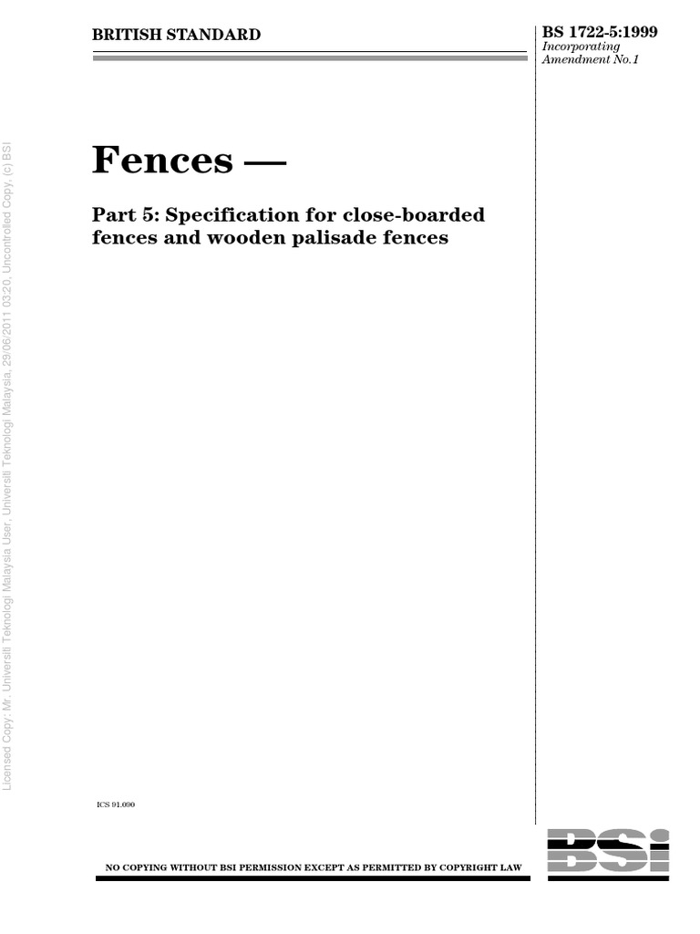BS 1722-5-1999 Specification For Close-Boarded Fences and Wooden Palisade Fences | PDF | Lumber