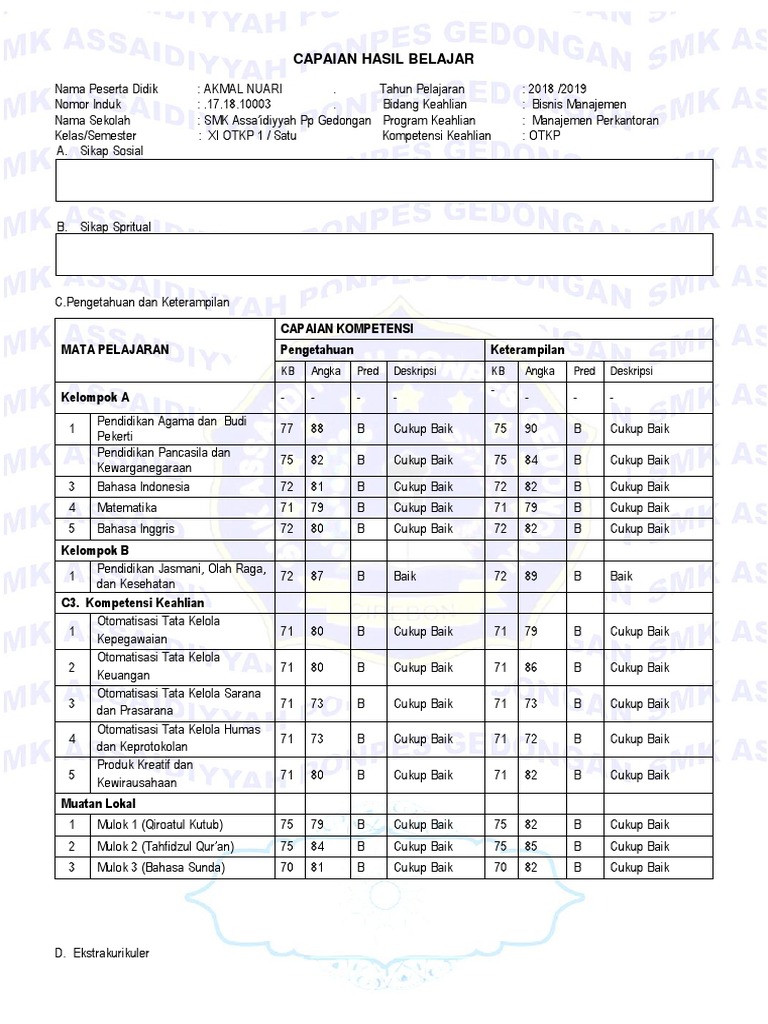 Rapor Kelas Xi Otkp 1 | PDF