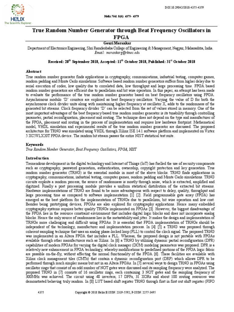 True Random Number Generator Through Beat Frequency Oscillators in FPGA | PDF | Field ...