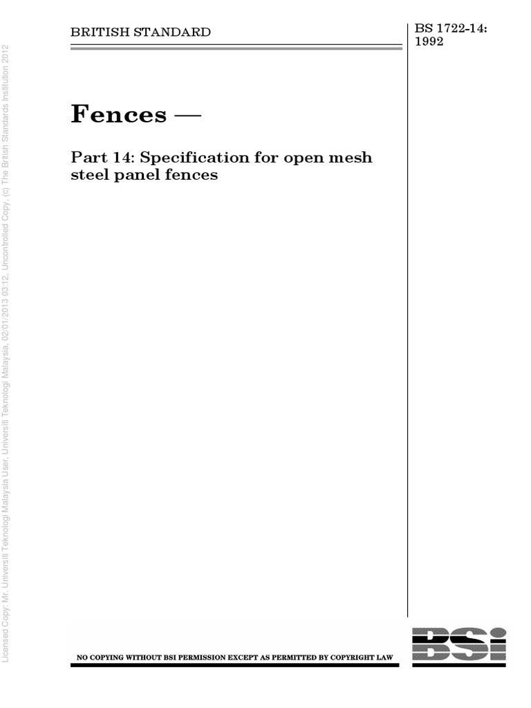 BS 1722-14-1992 Specification For Open Mesh Steel Panel Fences | PDF | Fence | United Kingdom