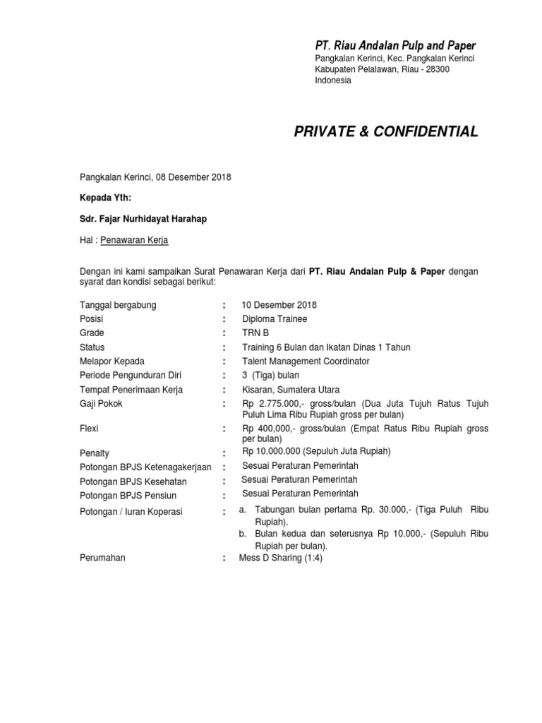Surat Penawaran Kerja PT RAPP | PDF