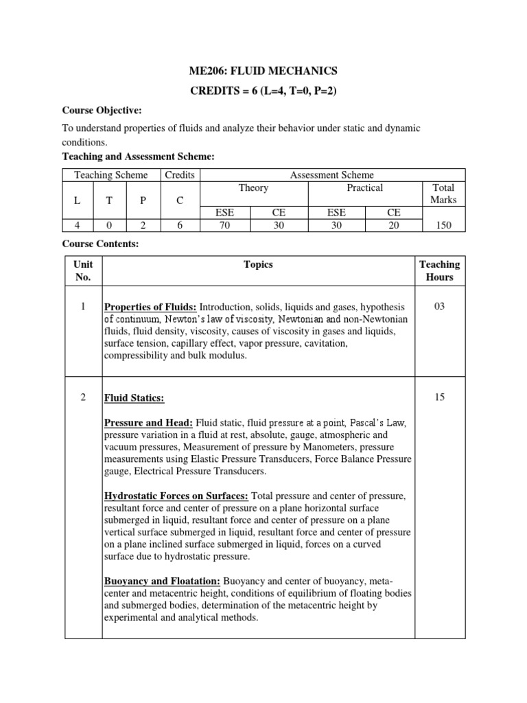 Me206: Fluid Mechanics CREDITS 6 (L 4, T 0, P 2) | PDF | Fluid Dynamics ...
