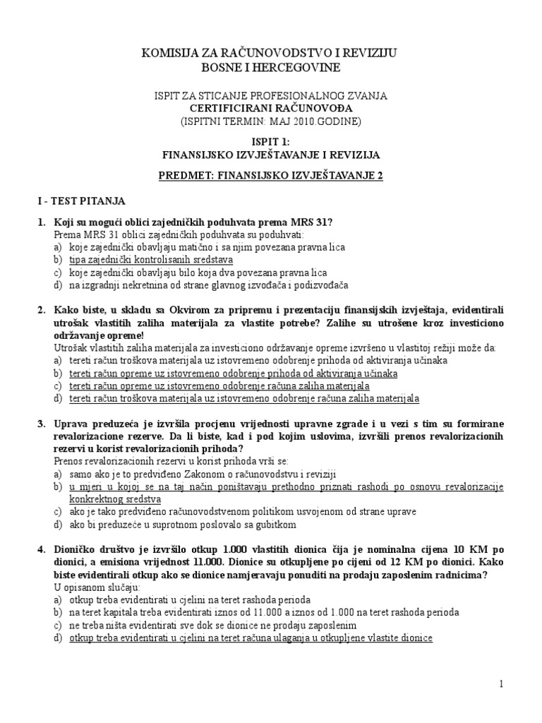 Ispit 1-Finansijsko Izvjestavanje I Revizija-Rjesenja | PDF