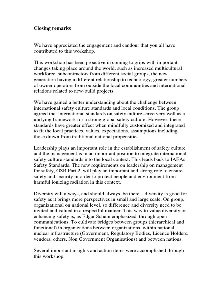 Workshop Closing Remarks | PDF | Safety | Social Group