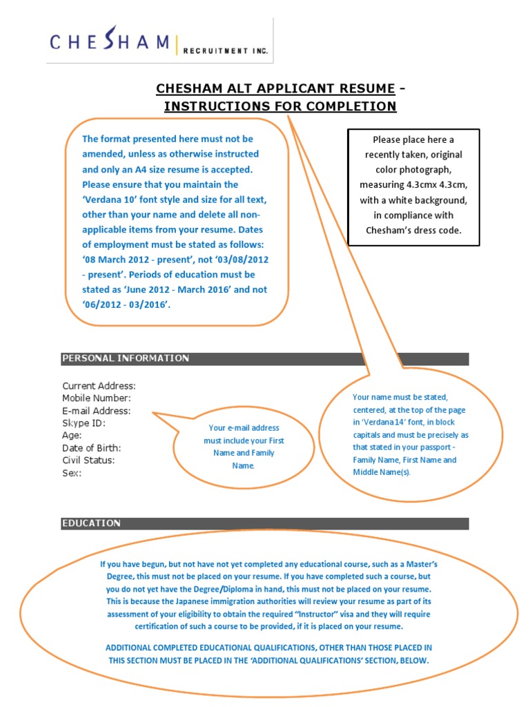 Chesham Alt Applicant Resume Instructions For Completion | PDF | Résumé ...