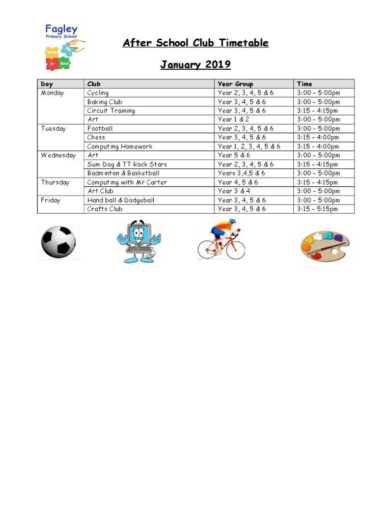 After School Club Timetable January 2019: Day Club Year Group Time | PDF