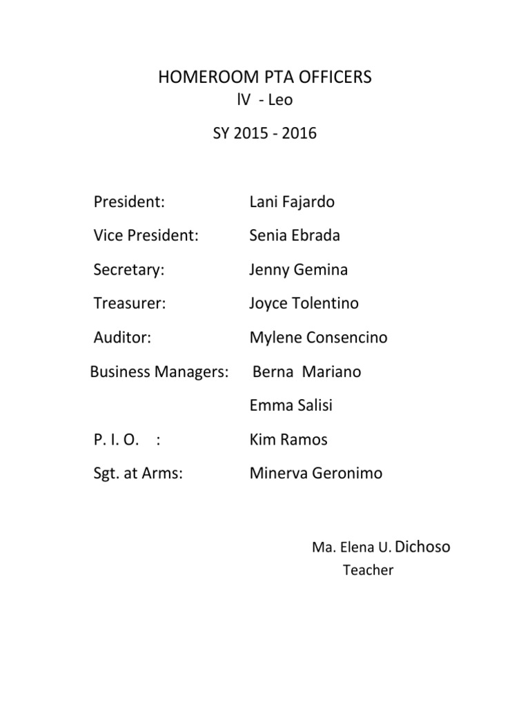 Homeroom Pta Officers 2014 - 2015 | PDF
