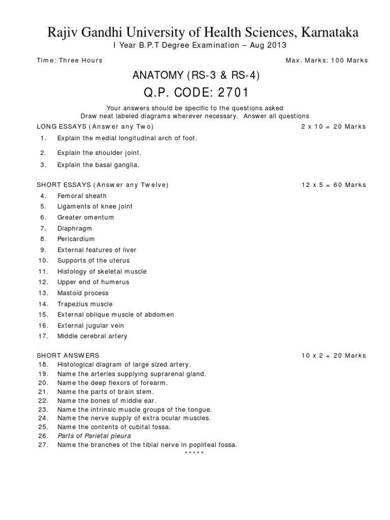 RGUHS I Year B.P.T. Degree Examination - Aug 2013 PDF | PDF ...