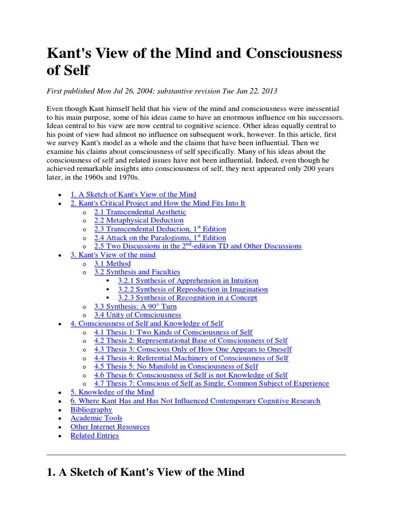 Kant View of The Mind and Consciousness of Self | PDF | Critique Of ...