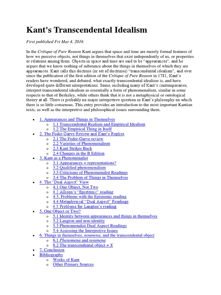 Kant Transcendental Idealism | PDF | Idealism | Critique Of Pure Reason