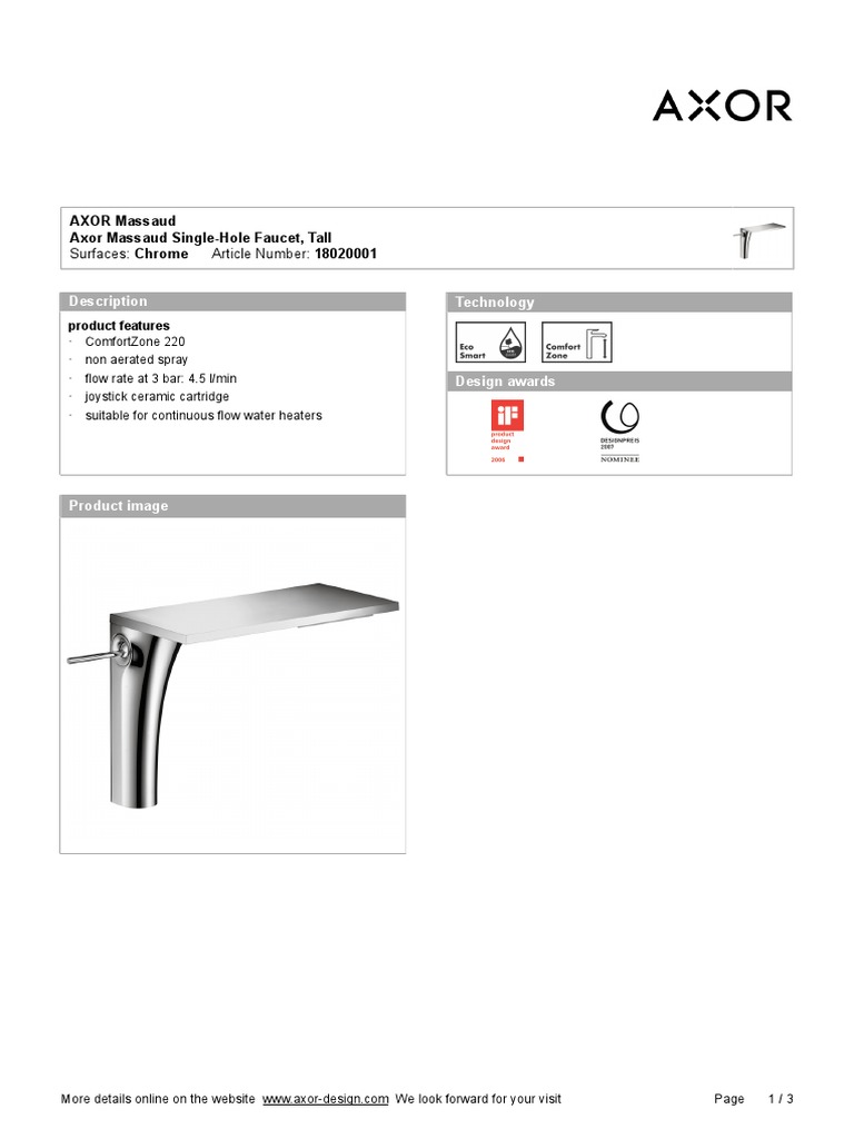 AXOR Product Specification 2018-11-27 | PDF | Tap (Valve) | Hydraulic ...