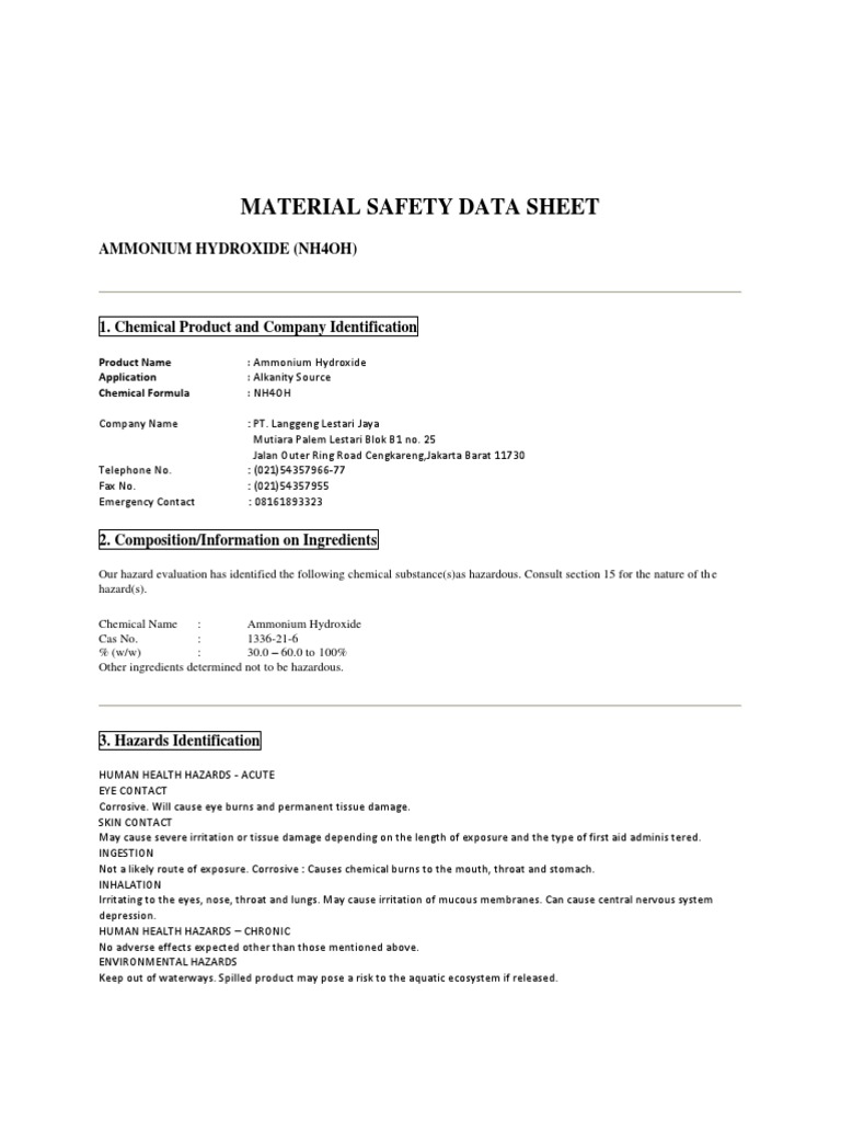 Ammonium Hydroxide MSDS Summary | PDF | Dangerous Goods | Personal ...