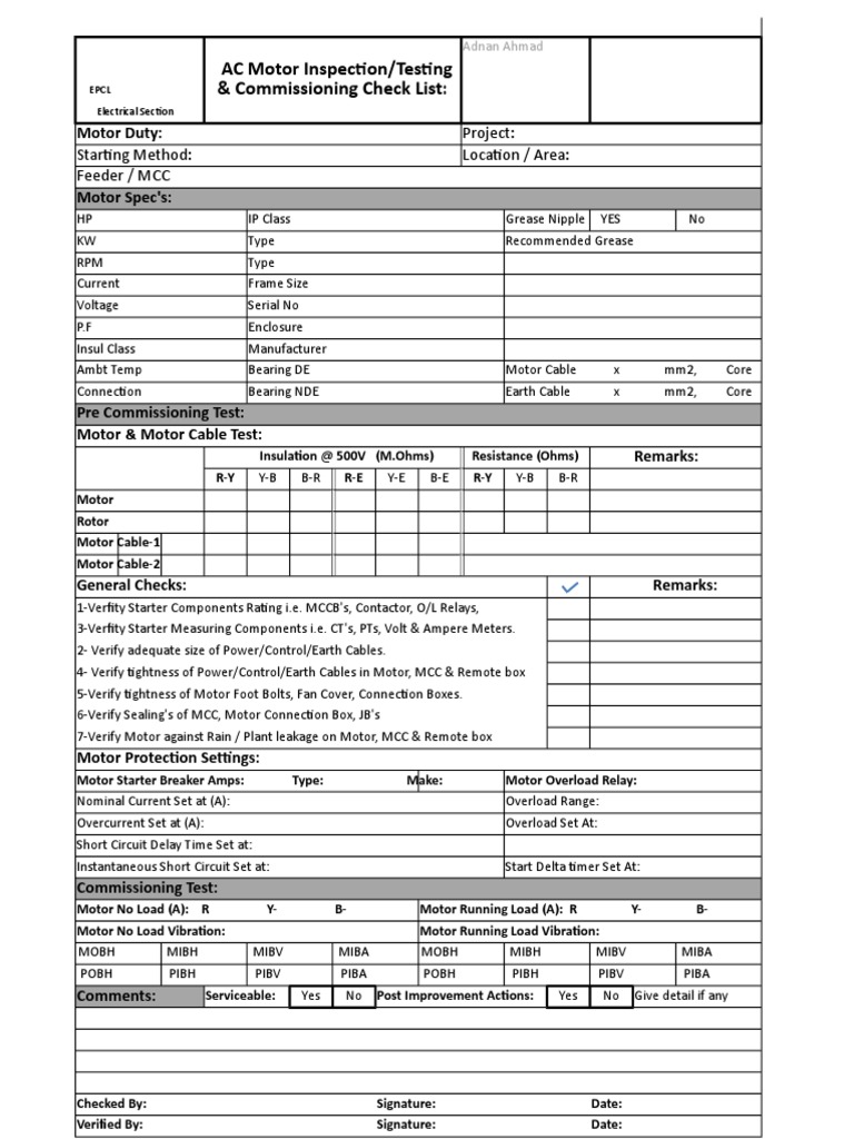 AC Motor Inspection/Testing & Commissioning Check List | PDF ...