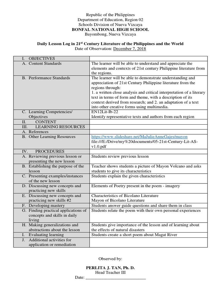 DLL For COT | PDF | Lesson Plan | Learning