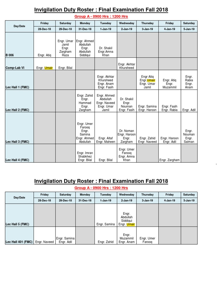 MTS Duty Roaster FInal Exams Fall 2018 | PDF