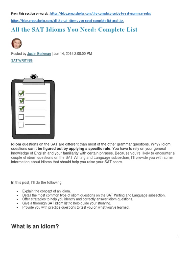 Complete SAT Idioms List and Exam Tips | PDF | Idiom | Preposition And ...