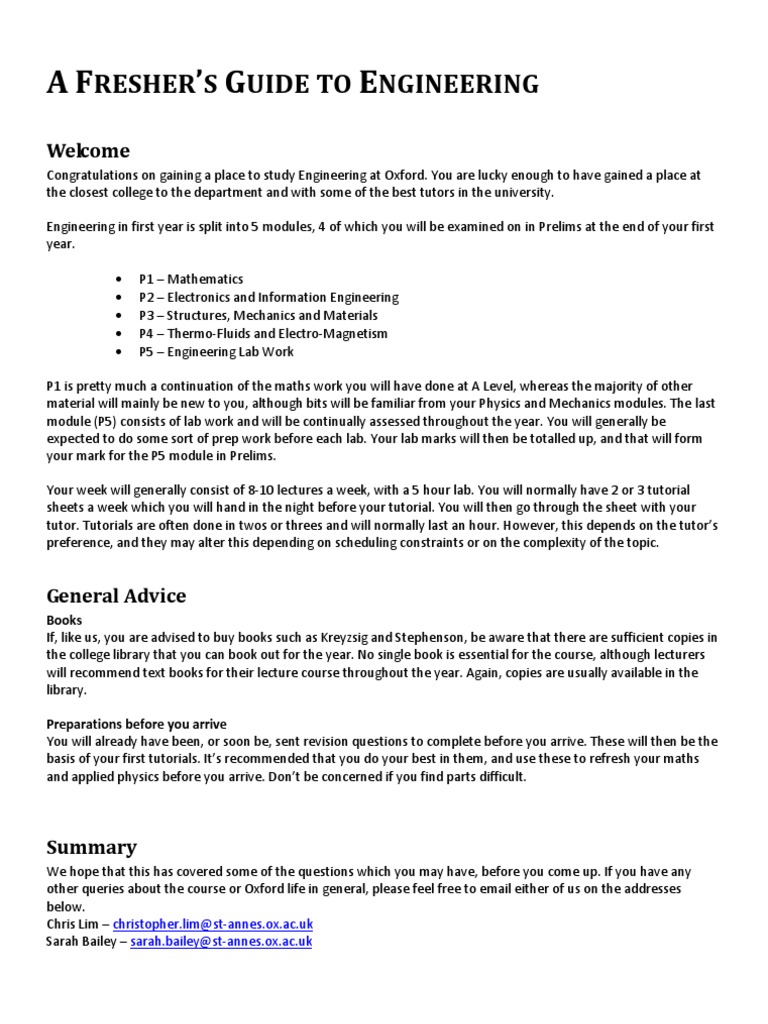 Oxford Engineering Freshers' Guide | PDF | Engineering | Cognition