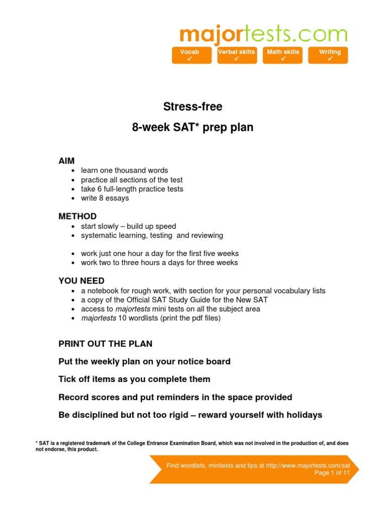 8 Week Sat Prep Plan | PDF | Sat | Behavior Modification