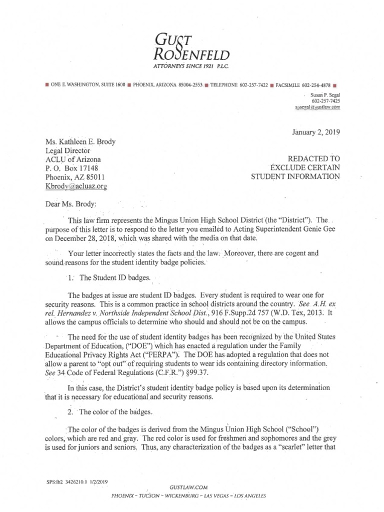 Mingus High School ACLU Letter 20190103 | PDF | Justice | Crime & Violence