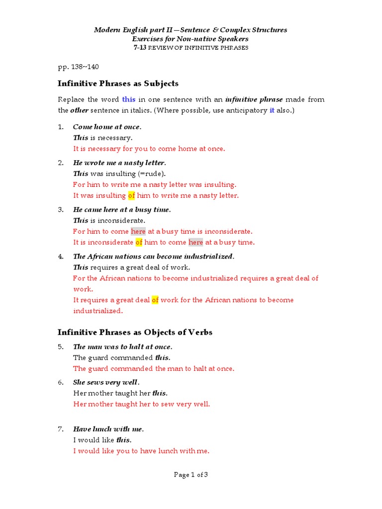7-13 Review of Infinitive Phrases | PDF | Sentence (Linguistics) | Phrase