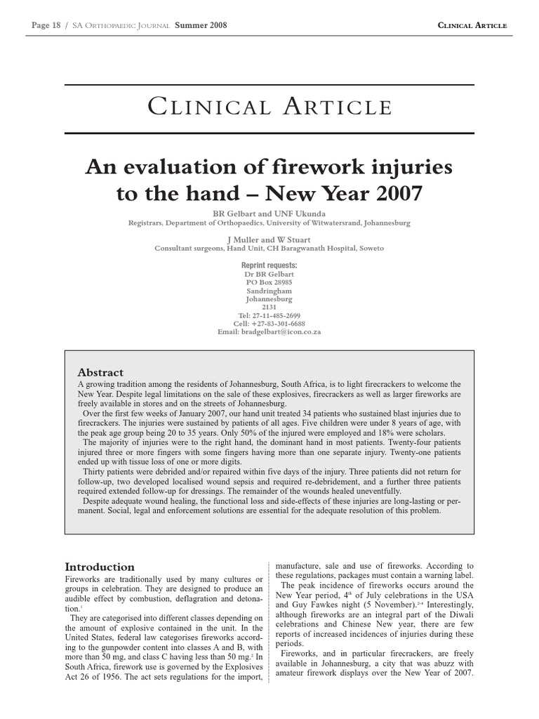 An Evaluation of Hand Injuries Caused by Fireworks in Johannesburg: A ...