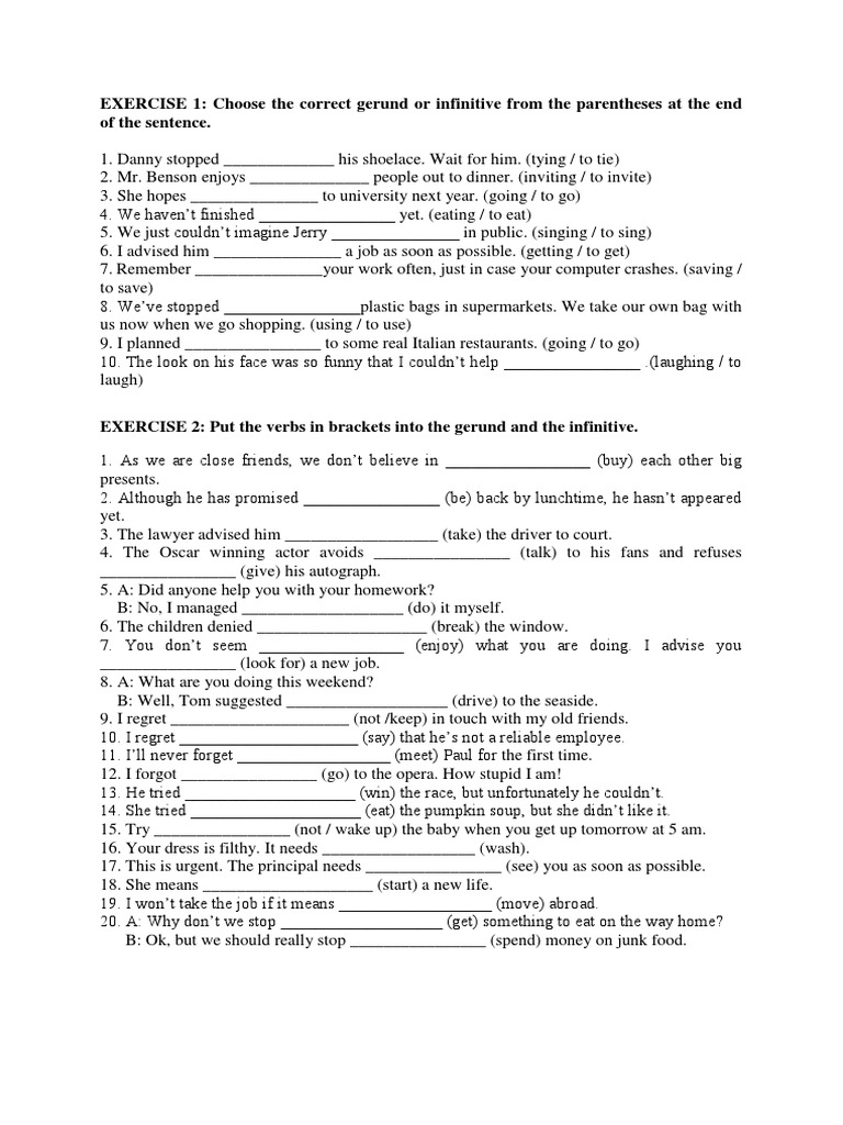 Gerund and Infinitive Exercises PDF | PDF | Bracket