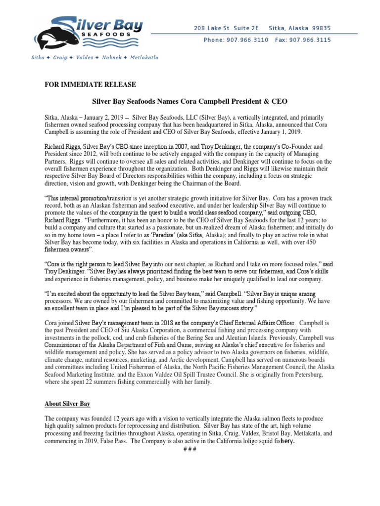 Silver Bay Seafoods Press Release On Cora Campbell Promotion | PDF ...