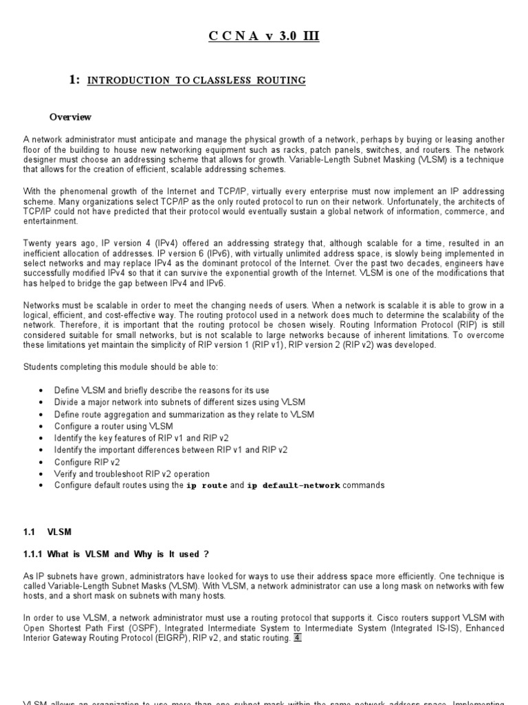 Ccna V 3.0 Iii 1:: Introduction To Classless Routing | PDF | Router (Computing) | Routing