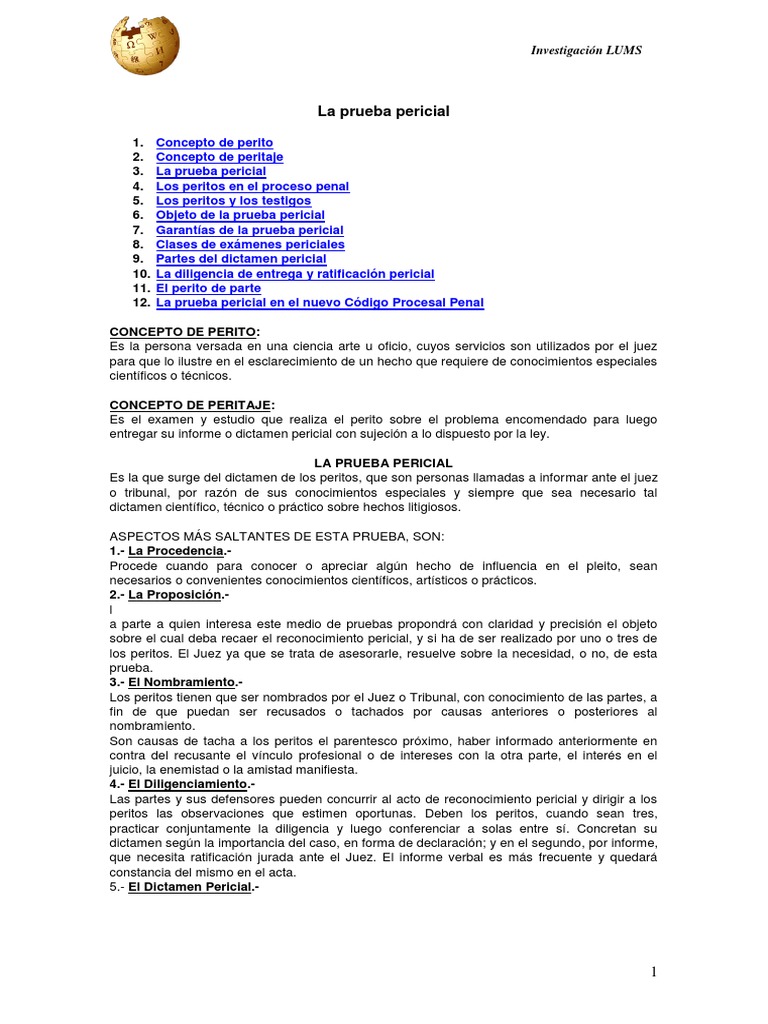 La prueba pericial: 1. 2. 3. 4. 5. 6. 7. 8. 9. 10. 11. 12. Concepto De ...