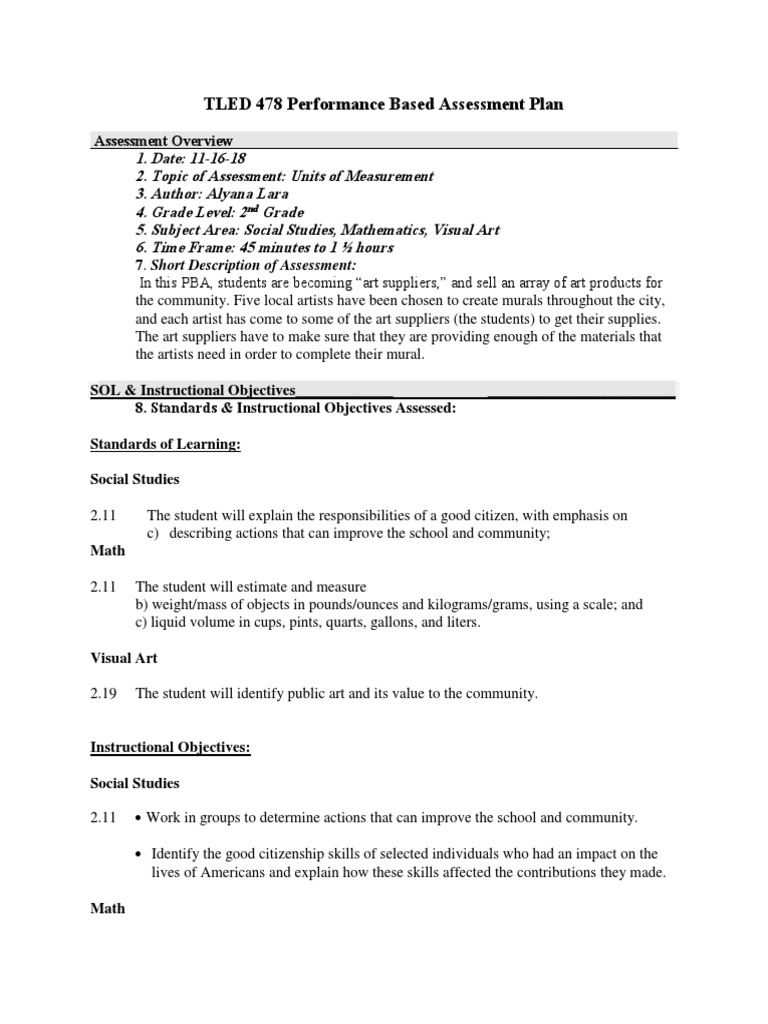 TLED 478 Performance Based Assessment Plan | PDF | Gallon | Measurement
