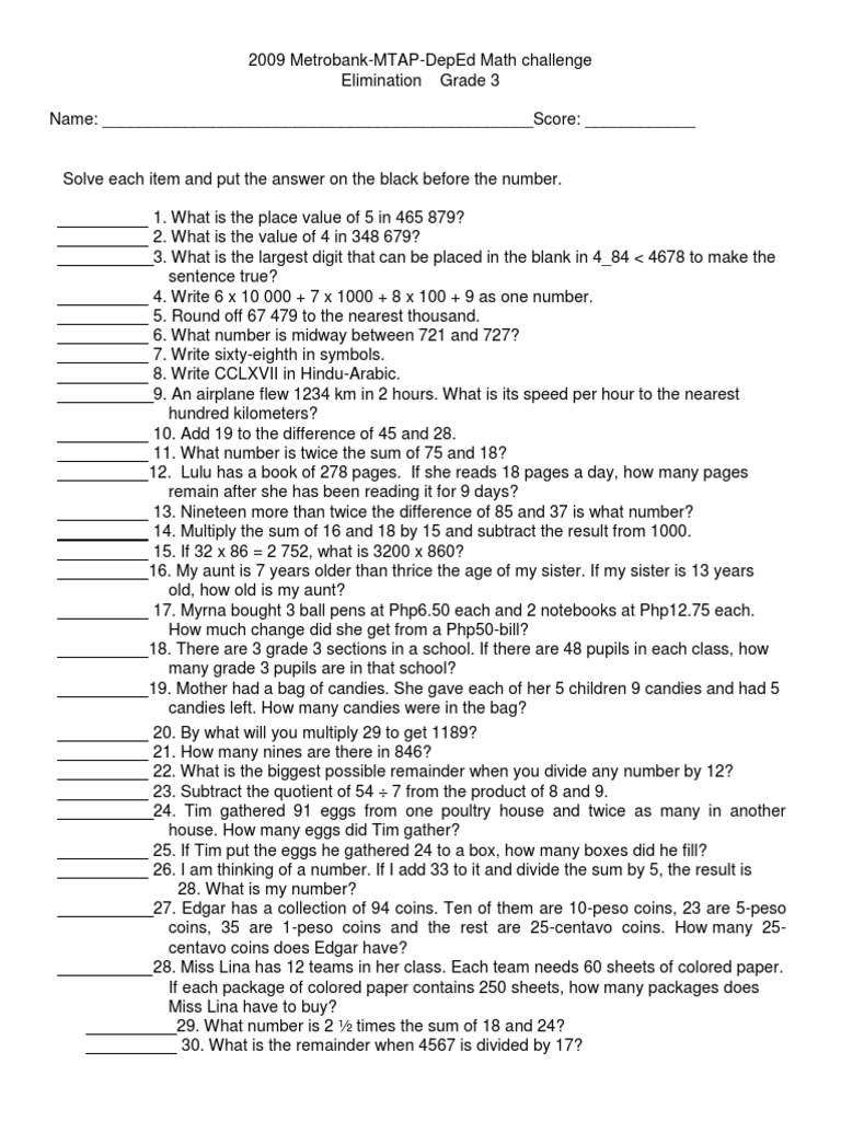 Grade 3 MTAP Reviewer 2008 Metrobank | PDF | Prime Number | Fraction ...