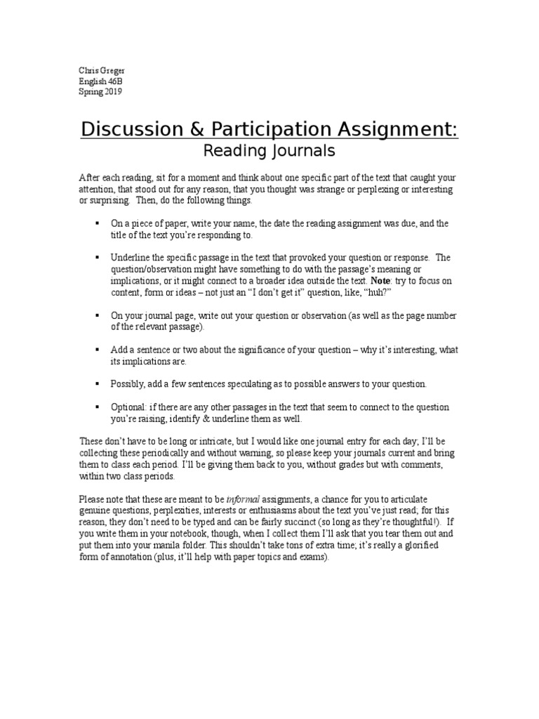 Reading Journal Assignment | PDF