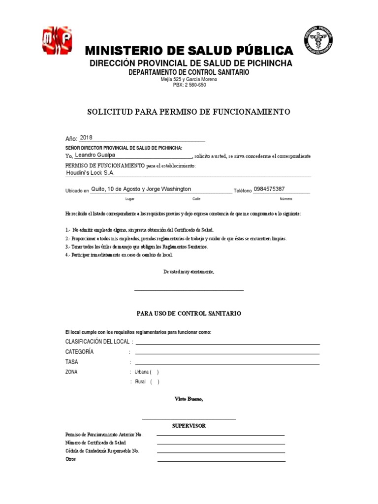 Anexo 2 - Solicitud para Permiso de Funcionamiento (Houdini) | PDF