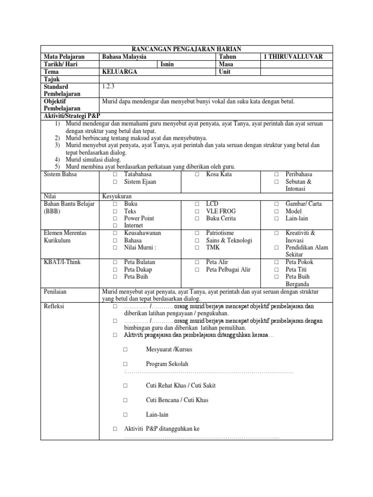 Contoh RPH BM Tahun 1 | PDF