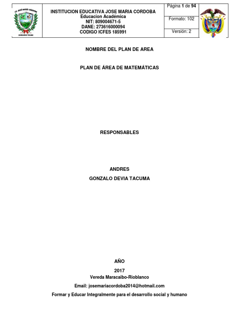 El Plan De área De Matematicas Pdf Educación Primaria Aprendizaje