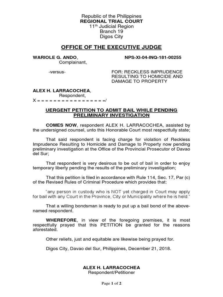 Petition To Admit Bail | PDF | Law Clerk | Bail