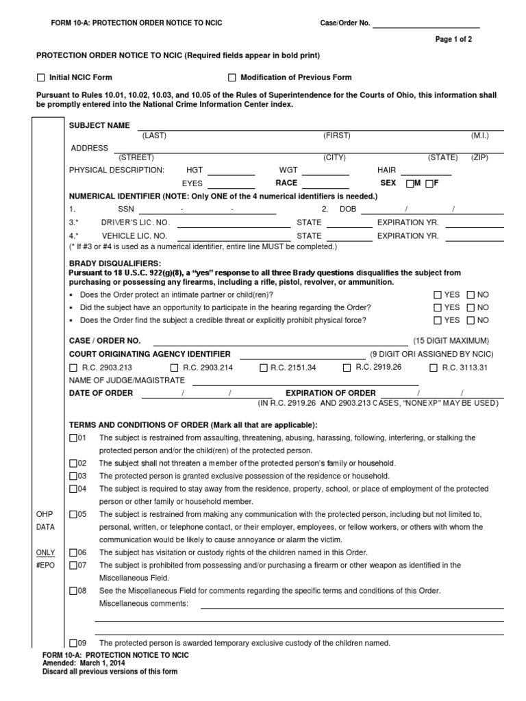 Form 10-A: Protection Order Notice To Ncic Case/Order No. Page 1 of 2 ...