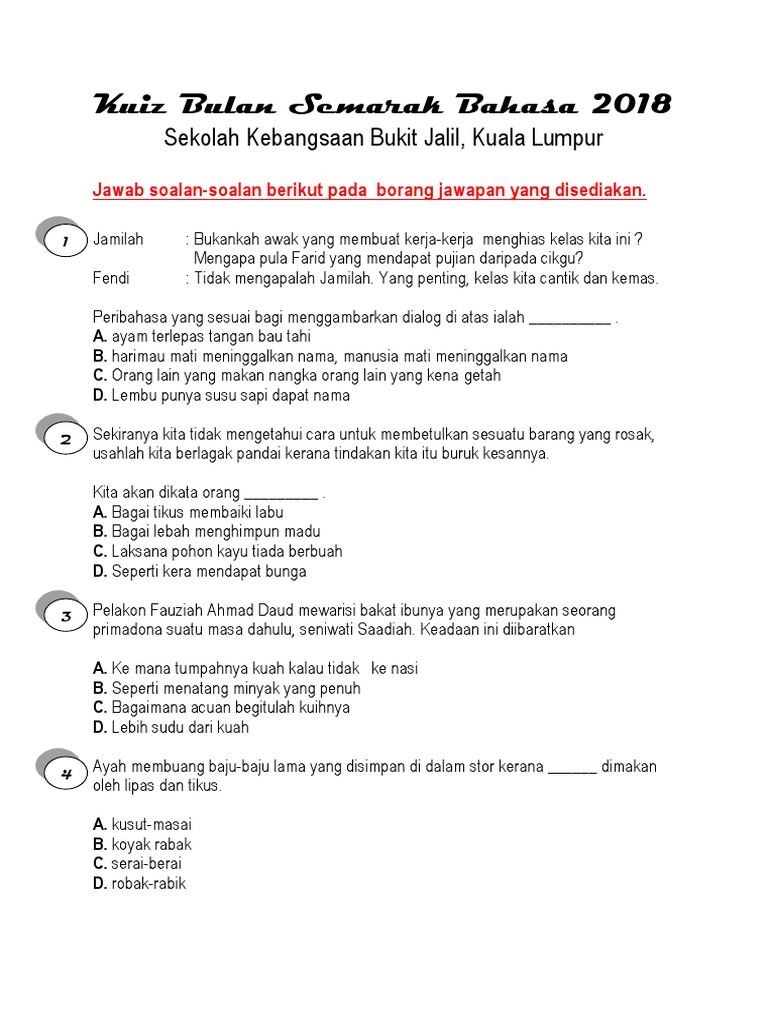 Kuiz Bulan Semarak Bahasa 2018 | PDF