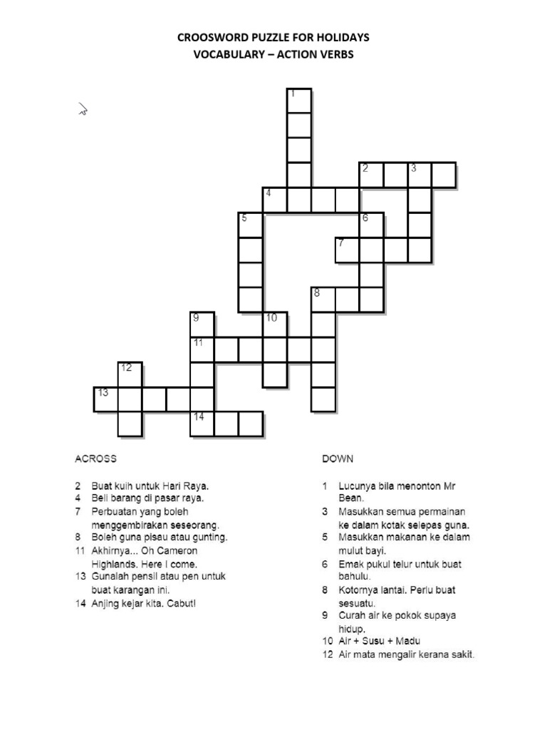 Croosword Puzzle For Holidays Vocabulary - Action Verbs | PDF