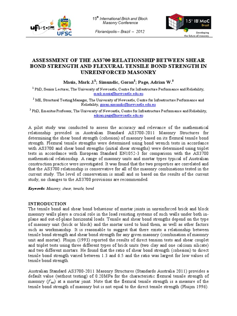 Assessment of The As3700 Relationship Between Shear Bond Strength and ...