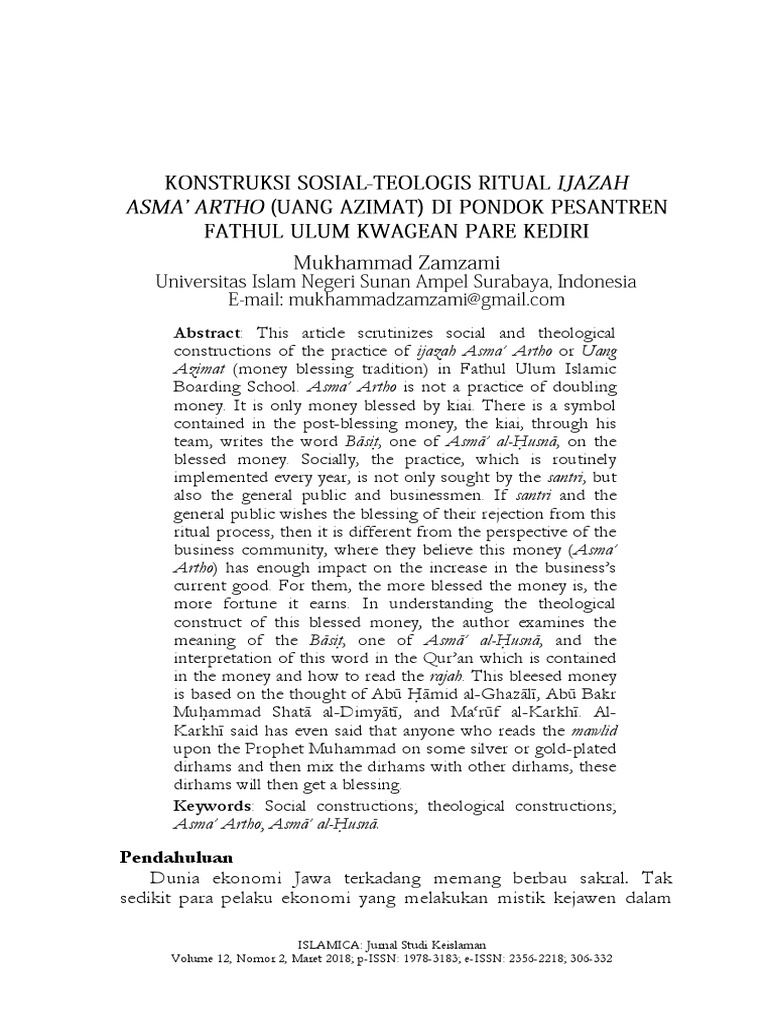 Konstruksi Sosial Teologis Ritual Ijazah Artho Di Pondok Pesantren ...